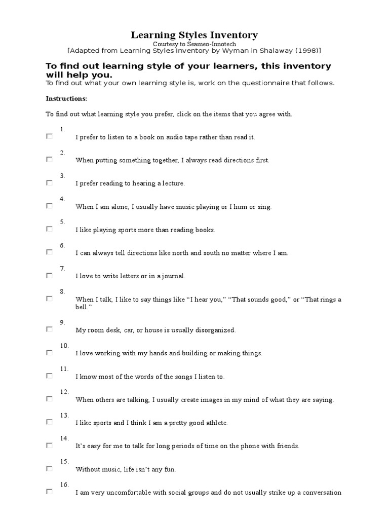Learning Styles Inventory | PDF | Learning Styles | Neuropsychological ...