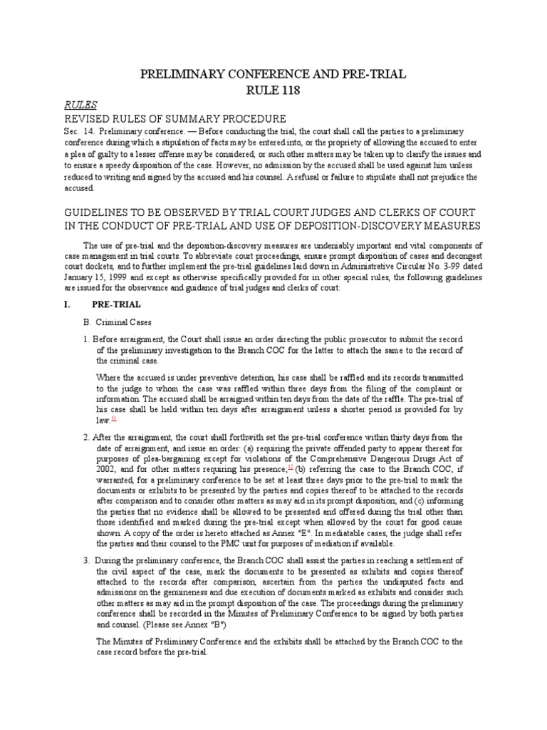 Preliminary Conference and Pre-Trial RULE 118: Rules | Download Free ...