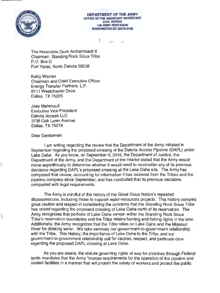 Usace Letter | PDF | Dakota Access Pipeline | Standing Rock Indian ...