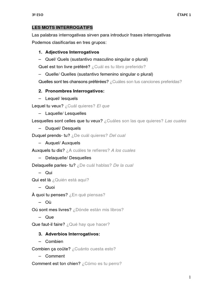 3ºeso Etape 1 Les Mots Interrogatifs PDF | PDF