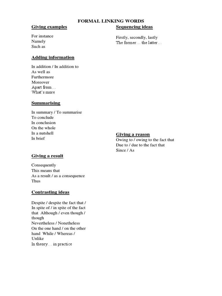 ISE II - Formal Linking Words - R | PDF