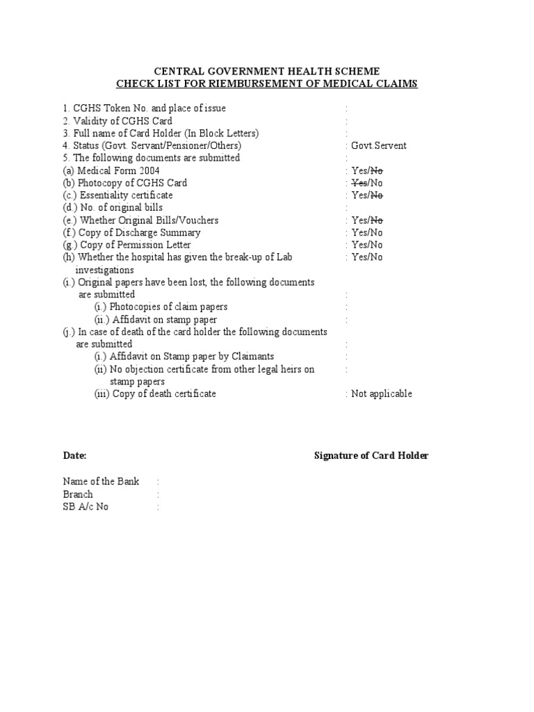 Medical Bill Submission Form For Central Govt Employee | PDF | Health ...