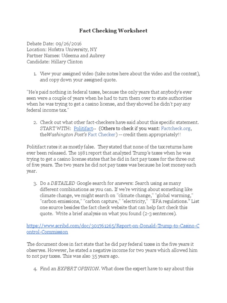 Fact Checking Worksheet: Politifact | PDF | Donald Trump | American ...