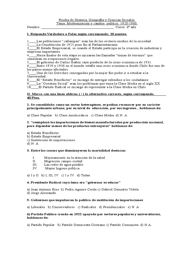 Prueba de Historia y Ciencias Sociales | PDF | Chile | Clase media