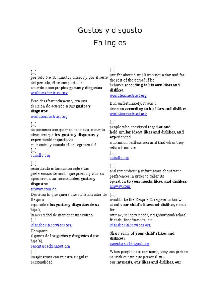 Gustos y disgusto En Ingles: dislikes