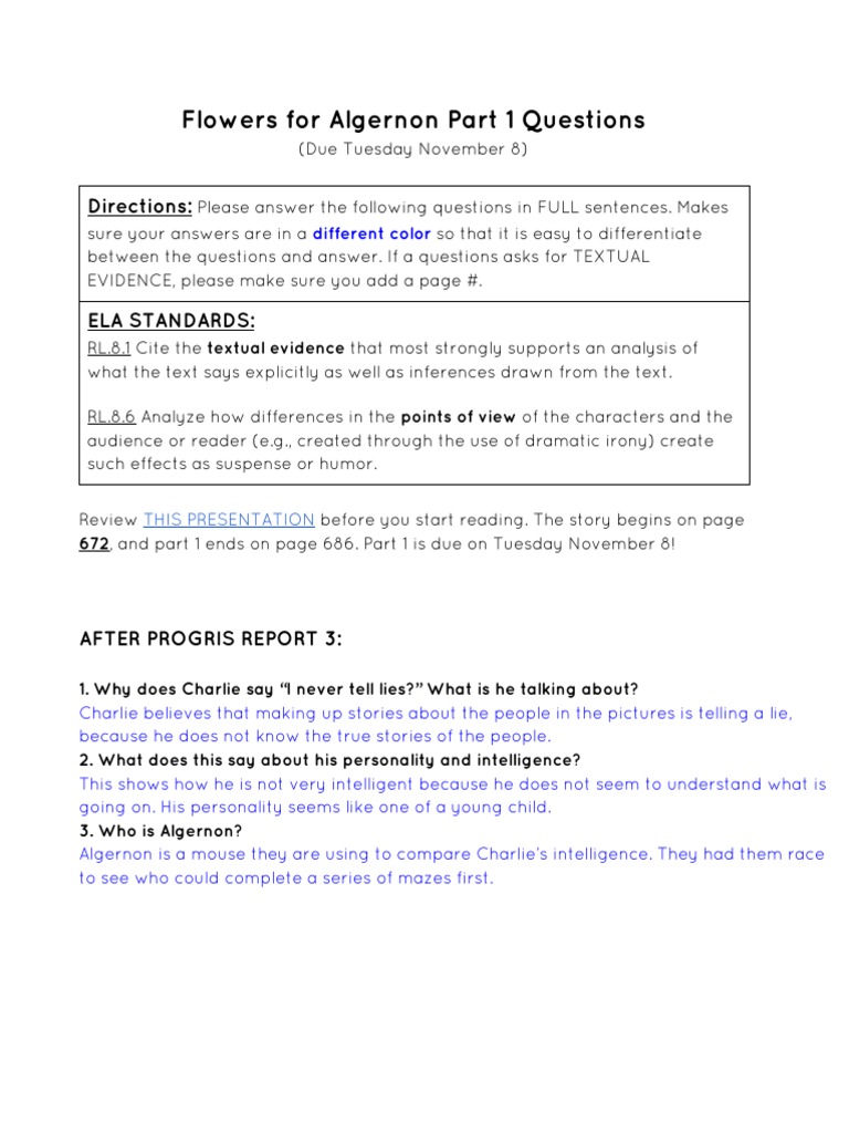 Flowers for Algernon Part 1 Study Questions | PDF