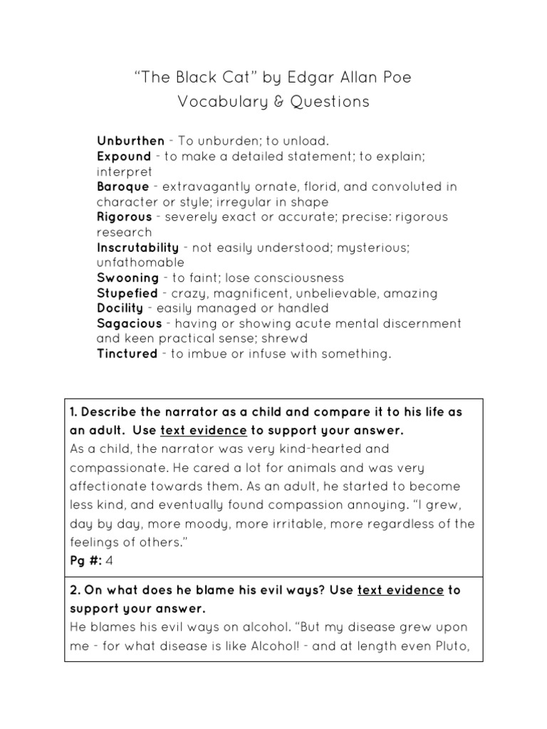 "The Black Cat" by Edgar Allan Poe Vocabulary & Questions | PDF | Sin ...