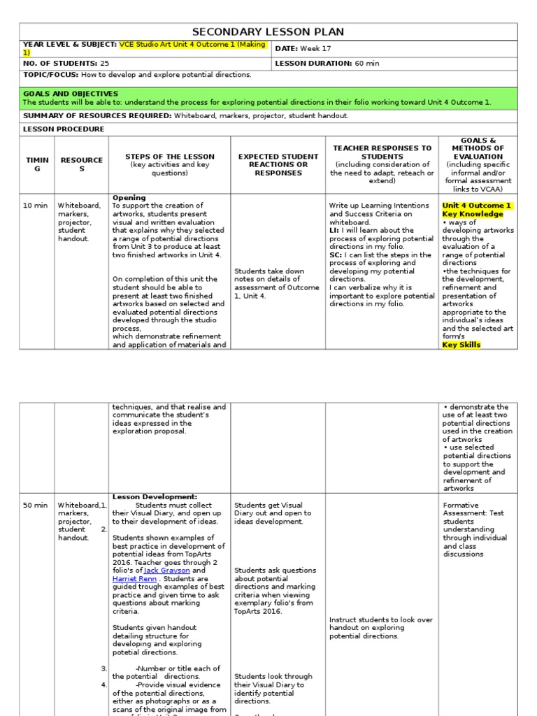 Unit 4 Outcome 1 Making Lesson 1 | PDF | Educational Assessment ...