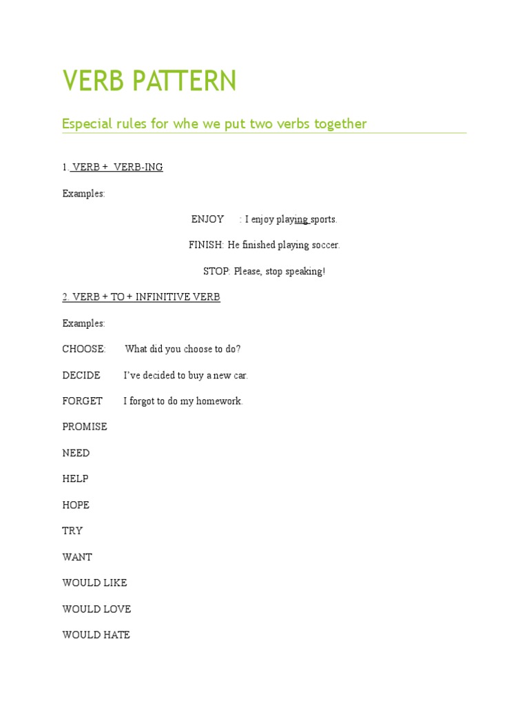 Verb Pattern: Especial Rules For Whe We Put Two Verbs Together | PDF