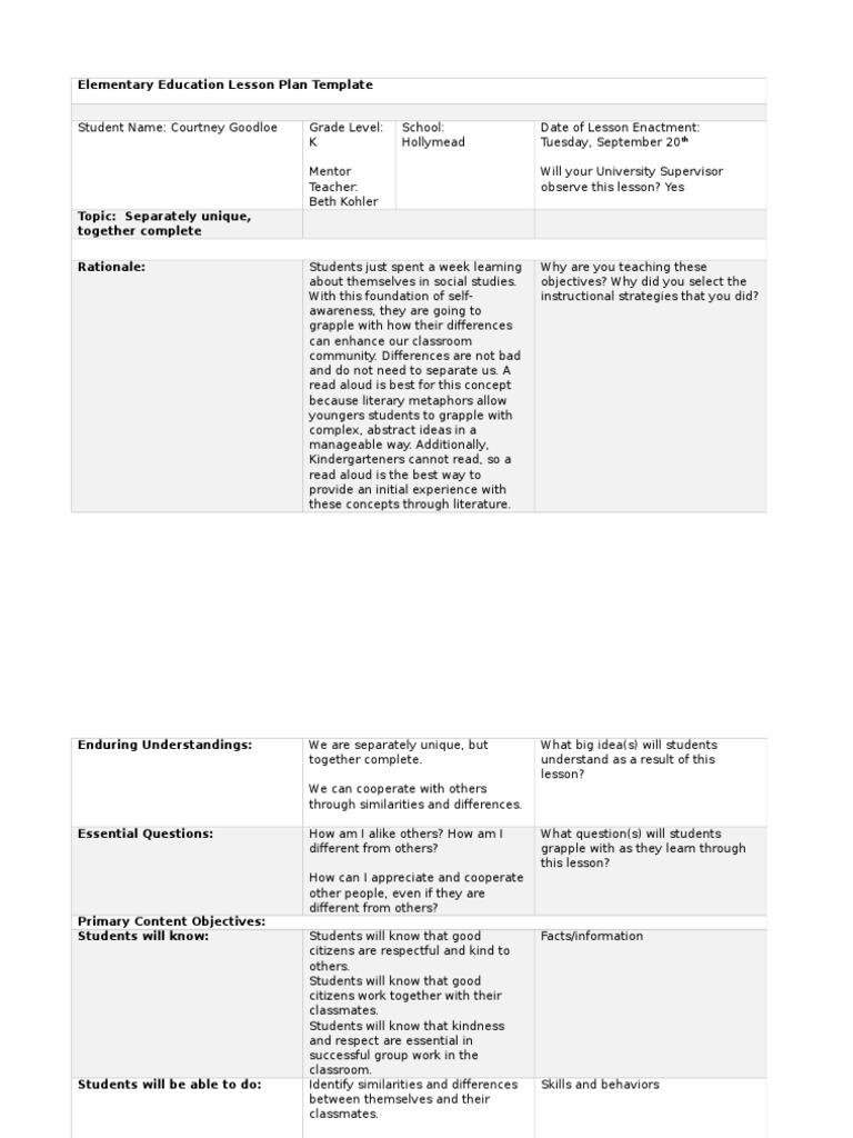 Elementary Education Lesson Plan Template | PDF | Educational ...