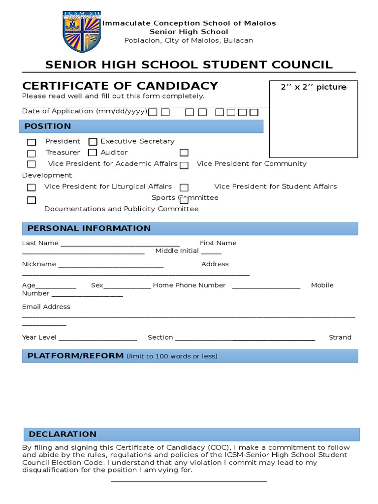 Senior High School Student Council Certificate of Candidacy: 2'' X 2 ...