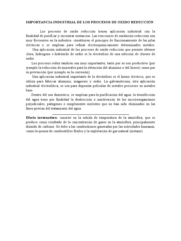 Importancia Industrial de Los Procesos de Oxido Reducción | PDF | Redox | Sustancias químicas