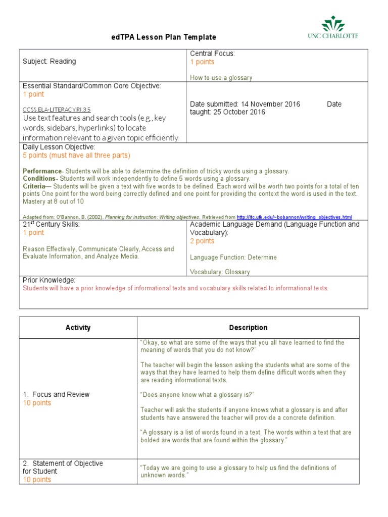 Edtpa Lesson Plan Template | PDF | Educational Assessment | Vocabulary