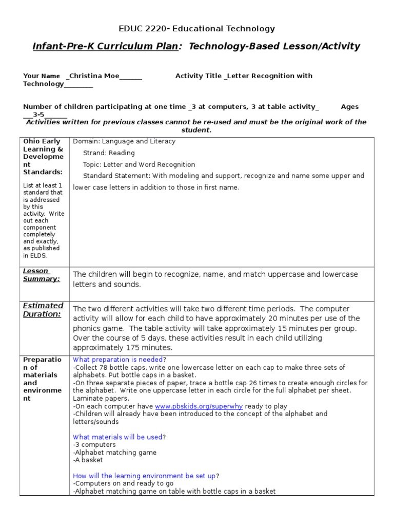 Infant-Pre-K Curriculum Plan: Technology-Based Lesson/Activity | PDF ...