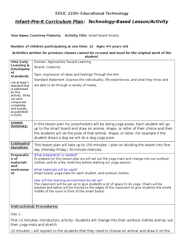 Infant-Pre-K Curriculum Plan: Technology-Based Lesson/Activity | PDF ...
