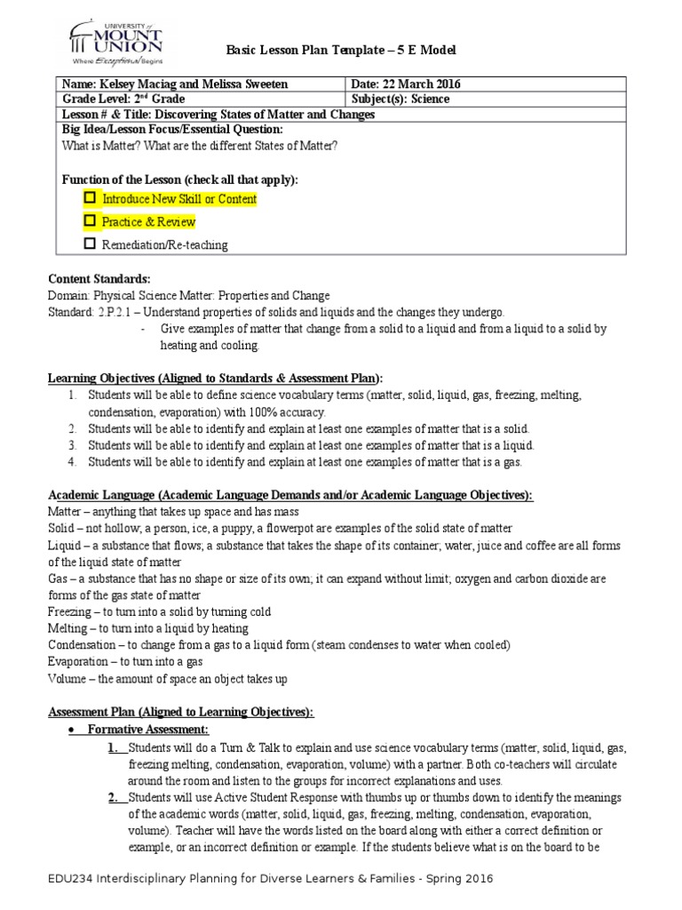 5 e Model - Lesson Plan Template - Thematic Assignment - States of ...