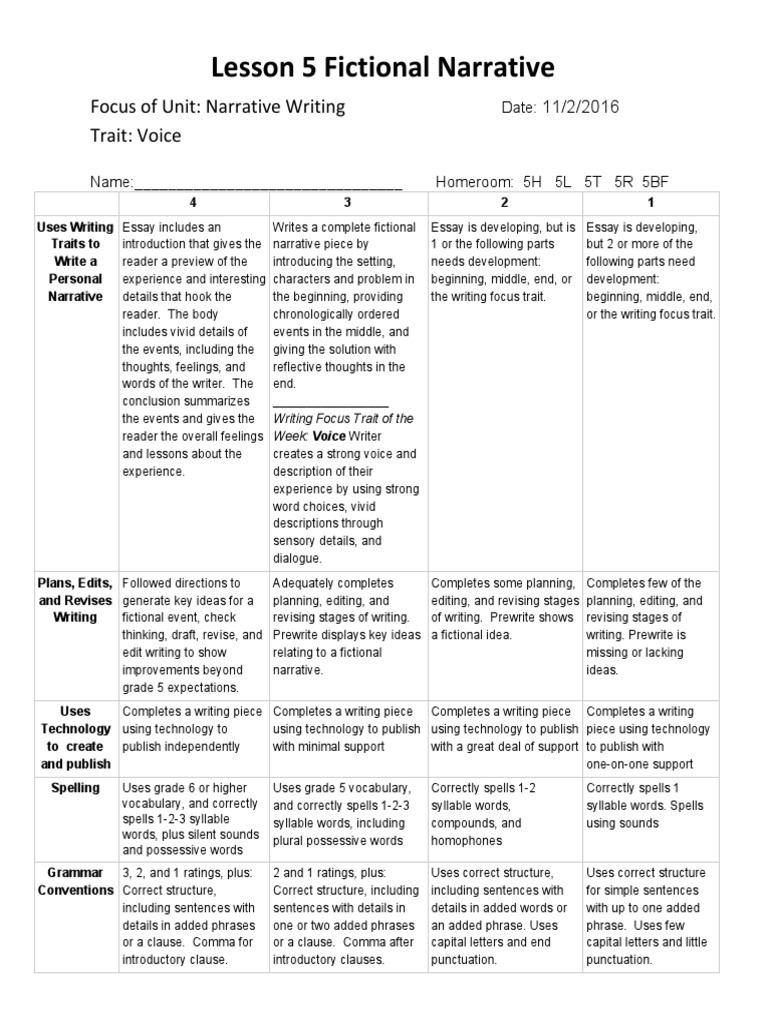 Lesson 5 Fictionalnarrativerubric | PDF | Essays | Sentence (Linguistics)