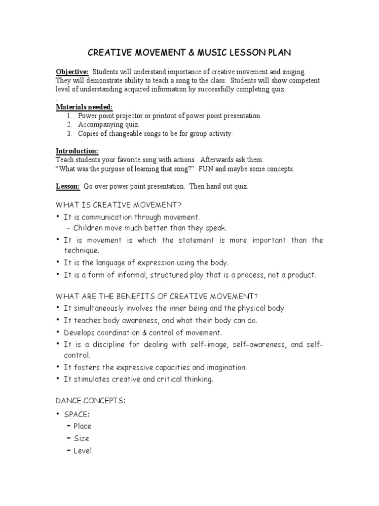 Creative Movement Lesson Plan | PDF | Singing | Lesson Plan