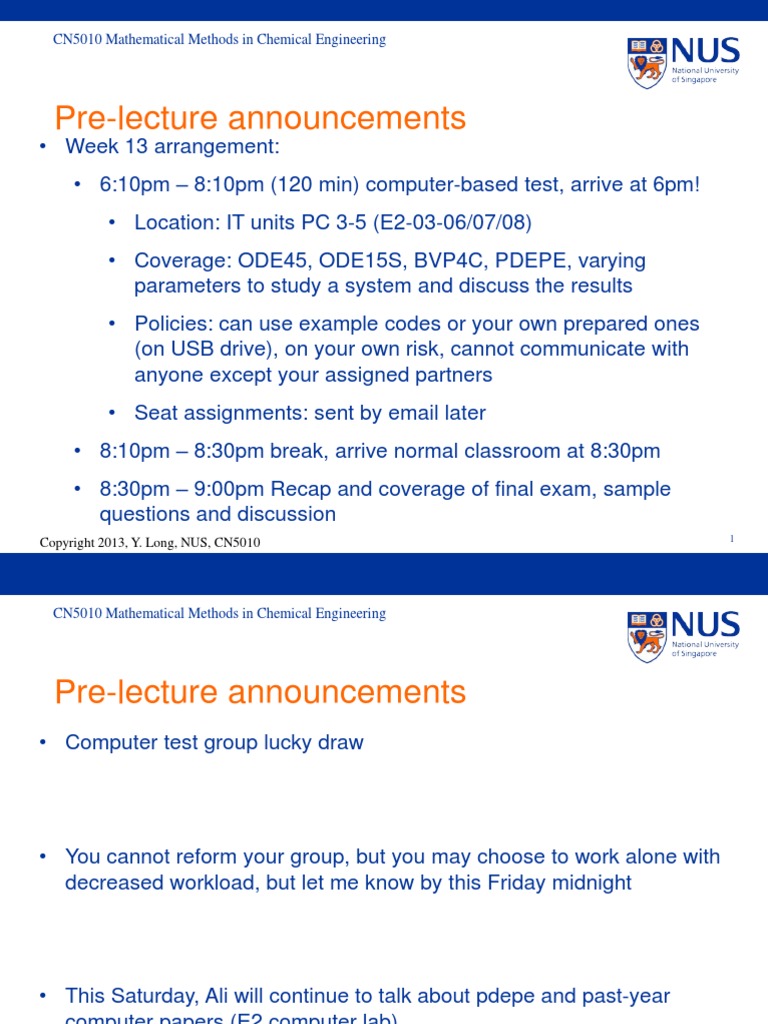Pre-Lecture Announcements: CN5010 Mathematical Methods in Chemical ...