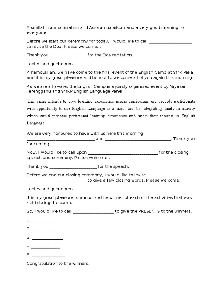 Script Emcee English Camp | PDF