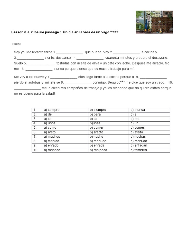 Cloze Passage Rutina Diaria | PDF