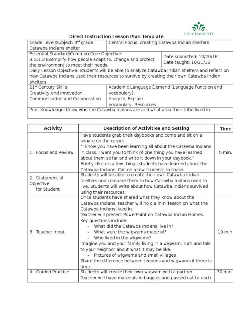 Catawba Indians Lesson Plan | PDF | Lesson Plan | Quality Of Life
