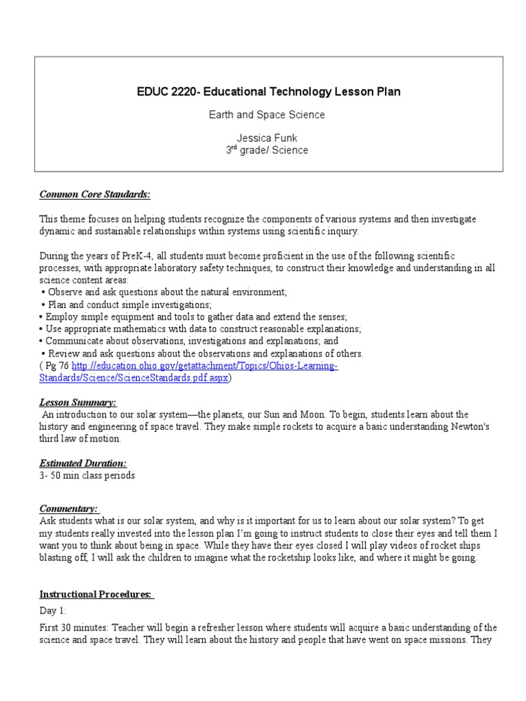 EDUC 2220-Educational Technology Lesson Plan: Common Core Standards | PDF | Rocket | Force
