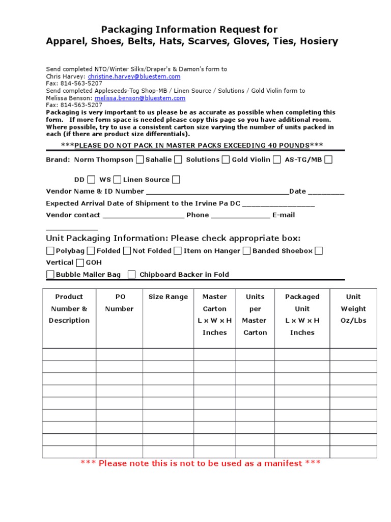 Packaging Information Request Form For Apparel | PDF