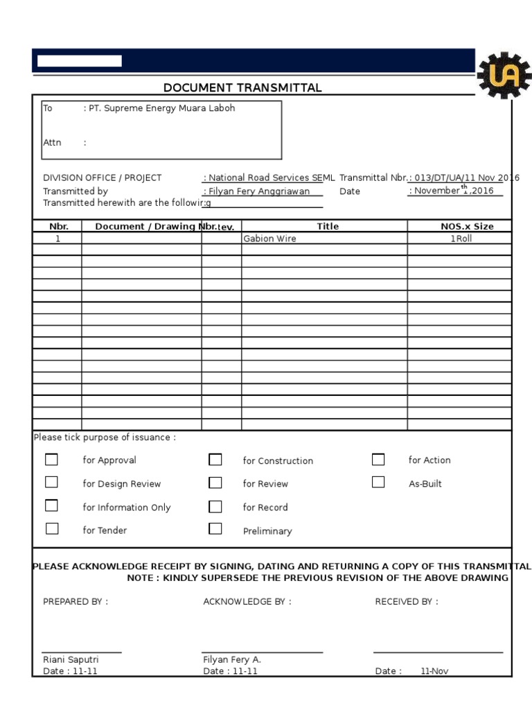 Document Transmittal: PT. Uniteda Arkato | PDF