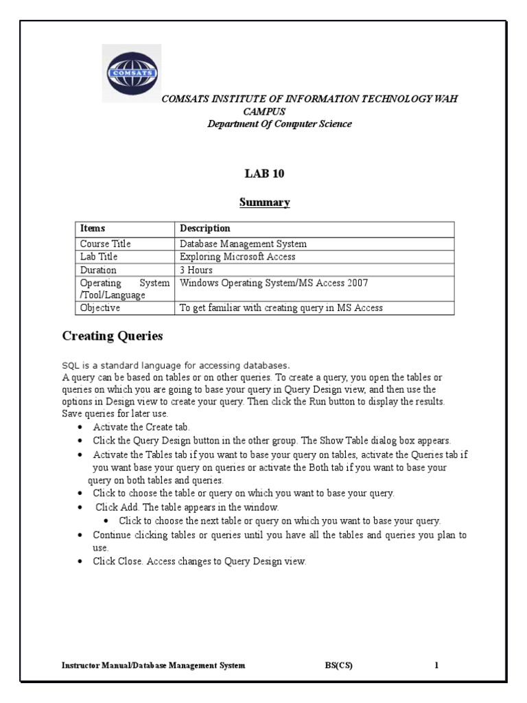 Creating Queries: Comsats Institute of Information Technology Wah ...