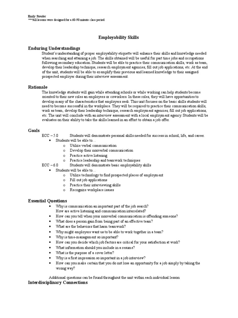 Edjh Unit Plan Employability Skills | PDF | Educational Assessment ...