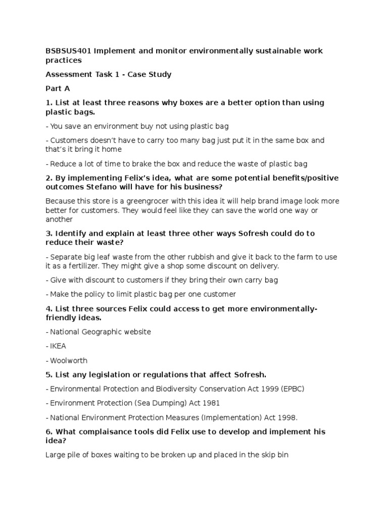 BSBSUS401 Implement and Monitor Environmentally Sustainable Work Practices | PDF | Environmental ...