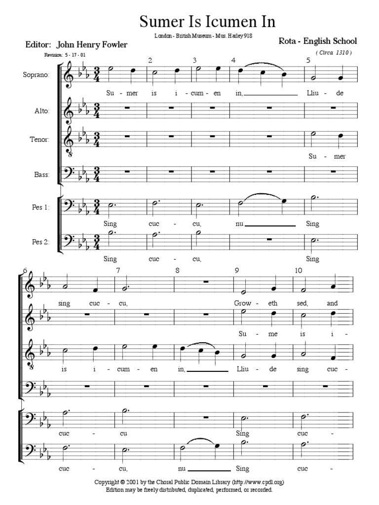 Sumer Is Icumen In: Editor: John Henry Fowler Rota - English School | PDF