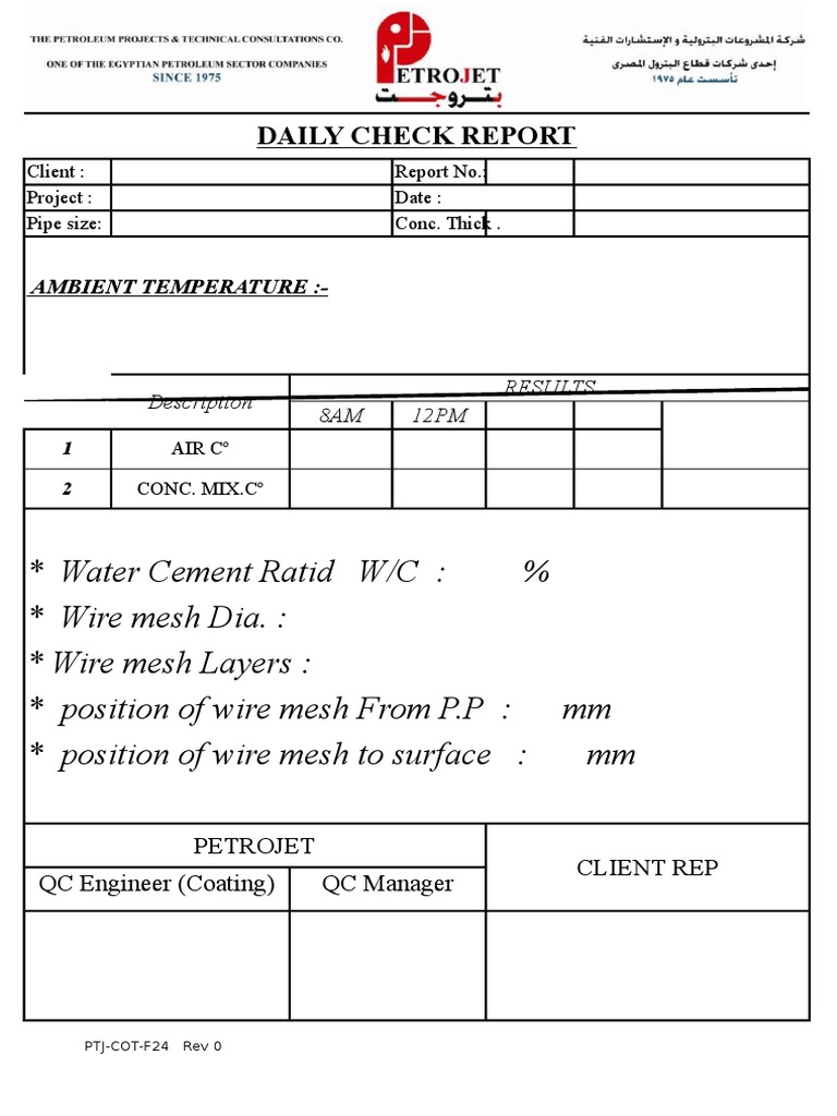 Daily Pipe Coating Inspection Report Detailing Ambient Conditions ...