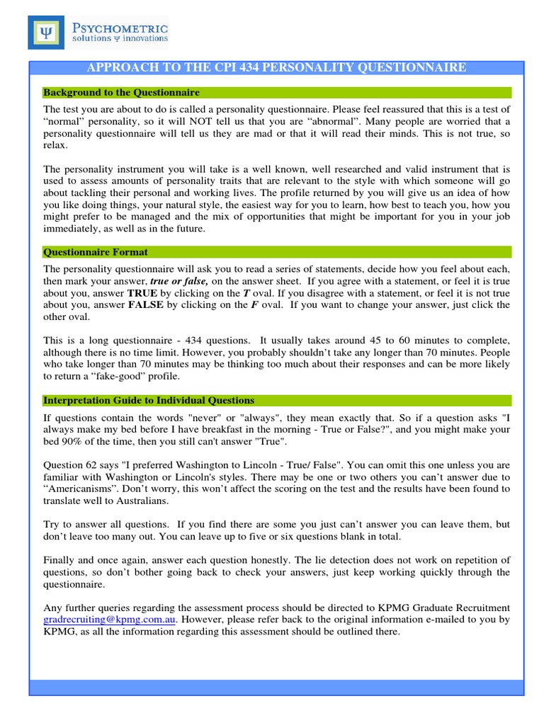 CPI Questionnaire Instructions | Questionnaire | Educational Assessment