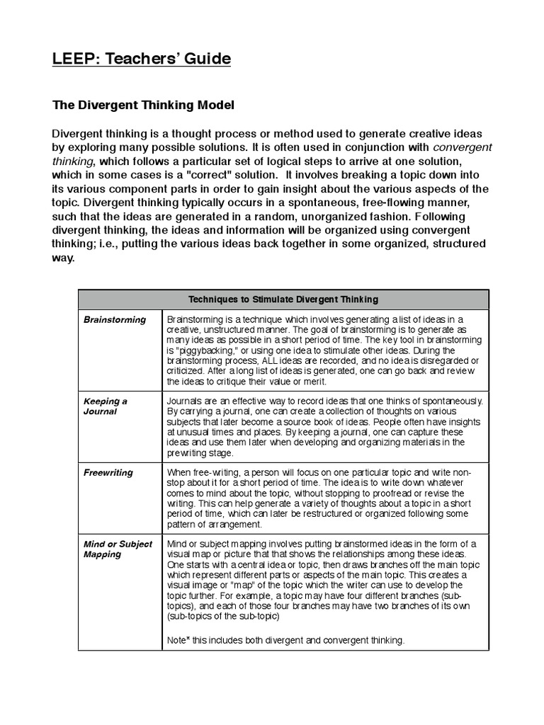 TEACHERS GUIDE Divergent Thinking | PDF | Brainstorming | Thought