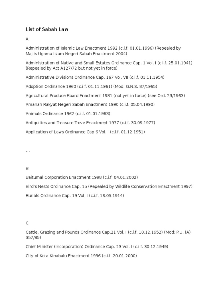 List of Sabah Legislation | PDF | Local Ordinance | Common Law