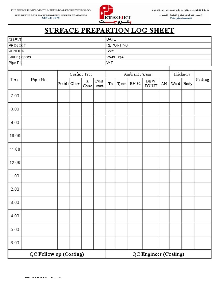 Surface Prepartion Log Sheet: QC Follow Up (Coating) QC Engineer ...