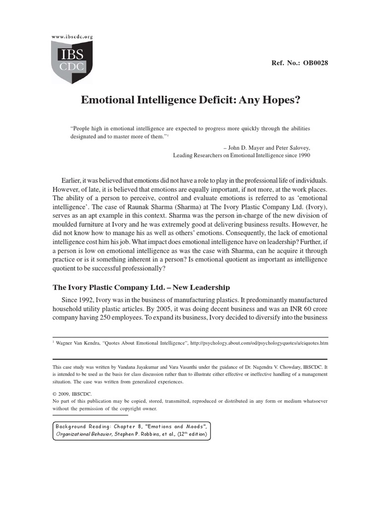 Emotional Intelligence Case Study | PDF | Emotional Intelligence ...