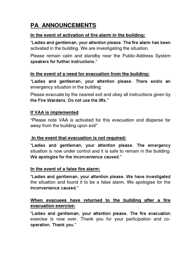 Fire Alarm and Evacuation Announcements | PDF