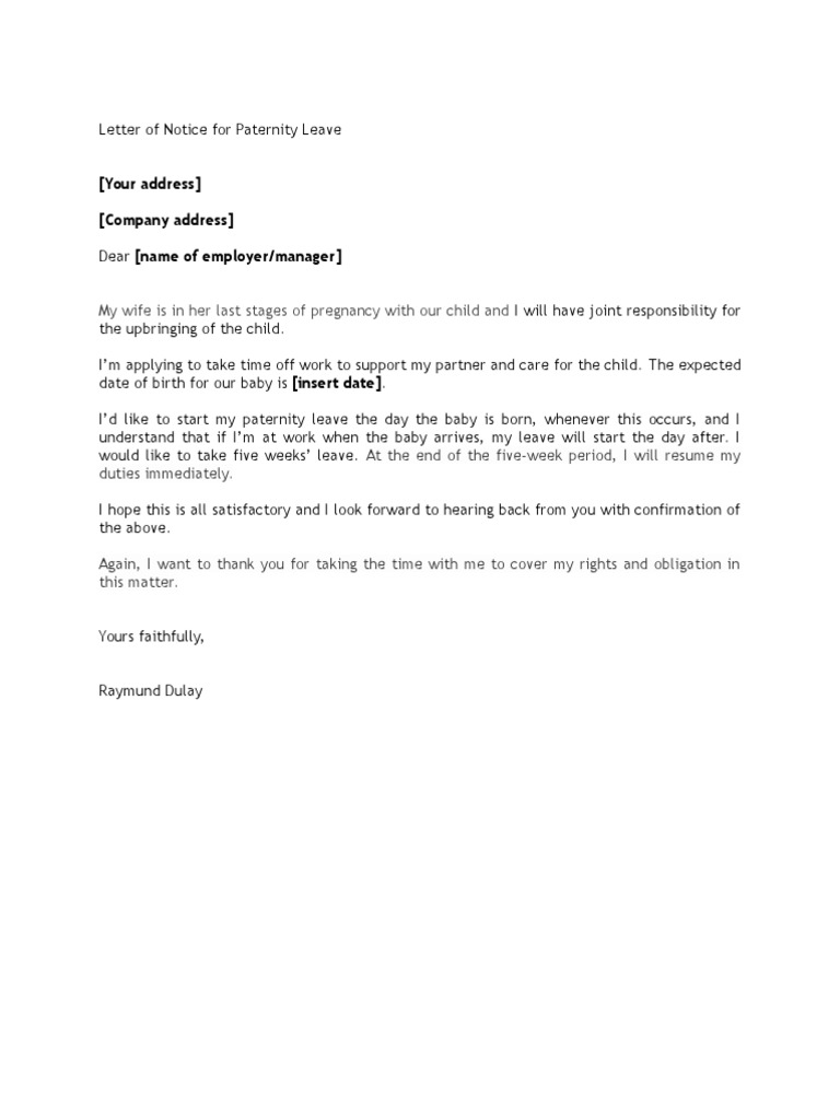 Sample Letter of Notice For Paternity Leave | PDF | Social Institutions ...
