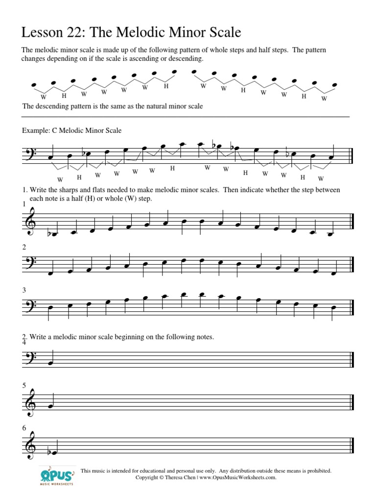 Music Theory Worksheet 22 Melodic Minor Scale | PDF
