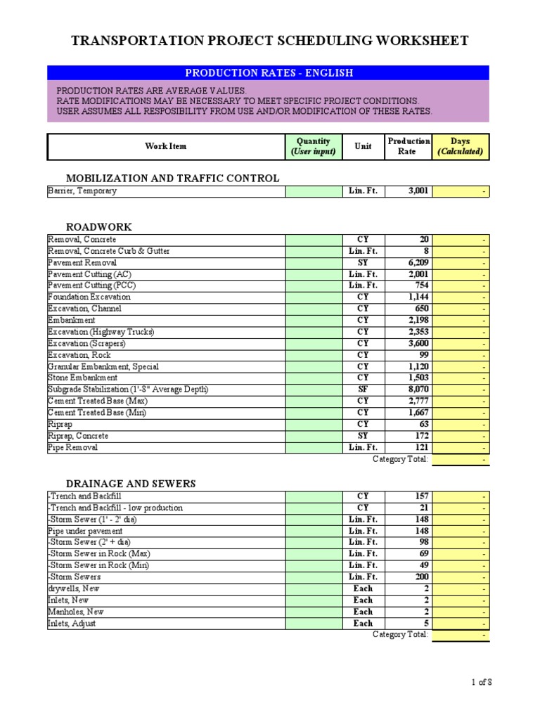 Transportation Project Scheduling Worksheet: Mobilization and Traffic ...