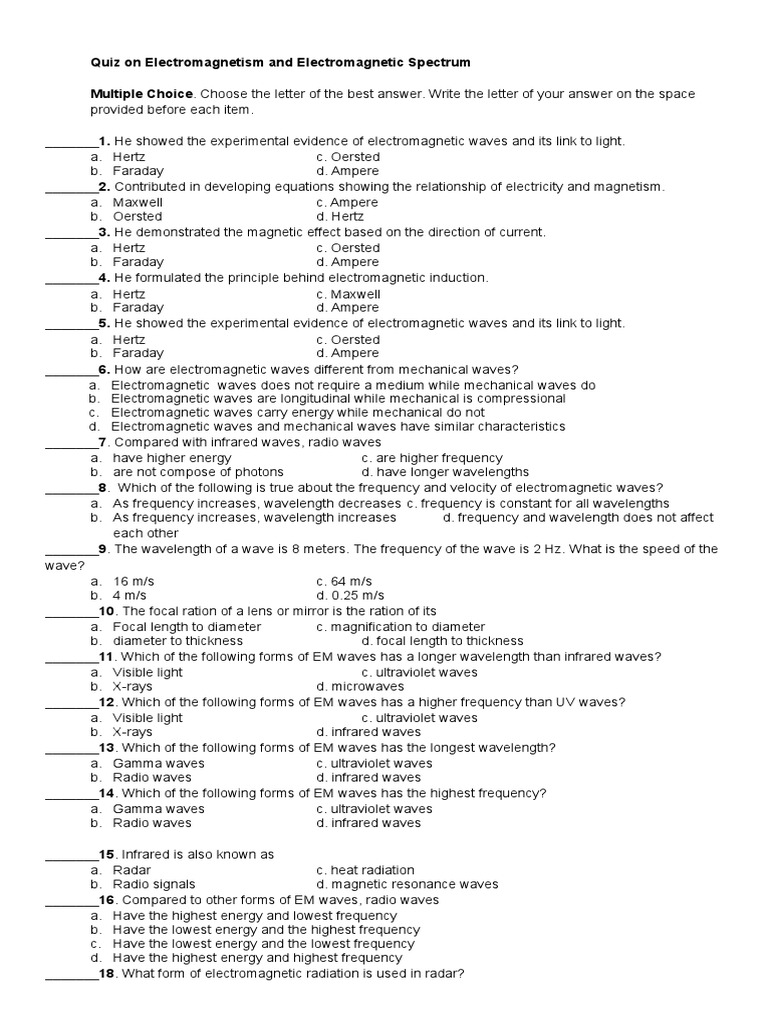 Quiz On Electromagnetism and Electromagnetic Spectrum | PDF ...