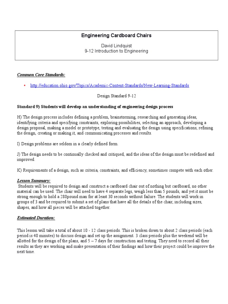 David Lindquist Cardboard Chair Lesson Plan | PDF | Engineering Design ...