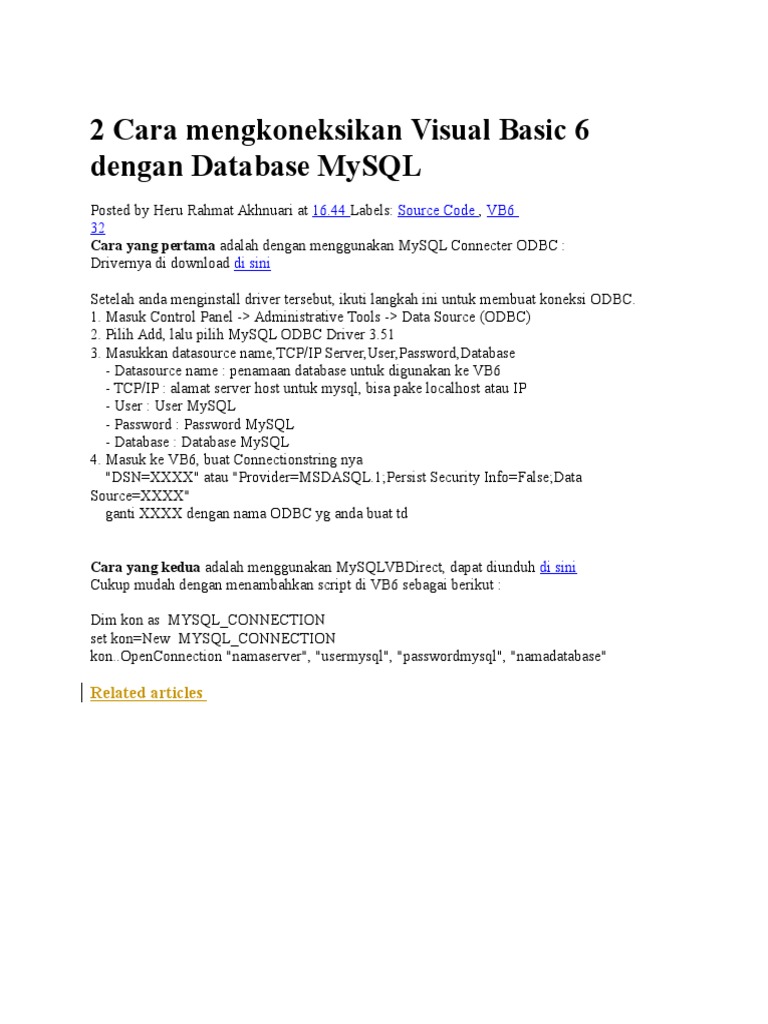 2 Cara Mengkoneksikan Visual Basic 6 Dengan Database MySQL | PDF
