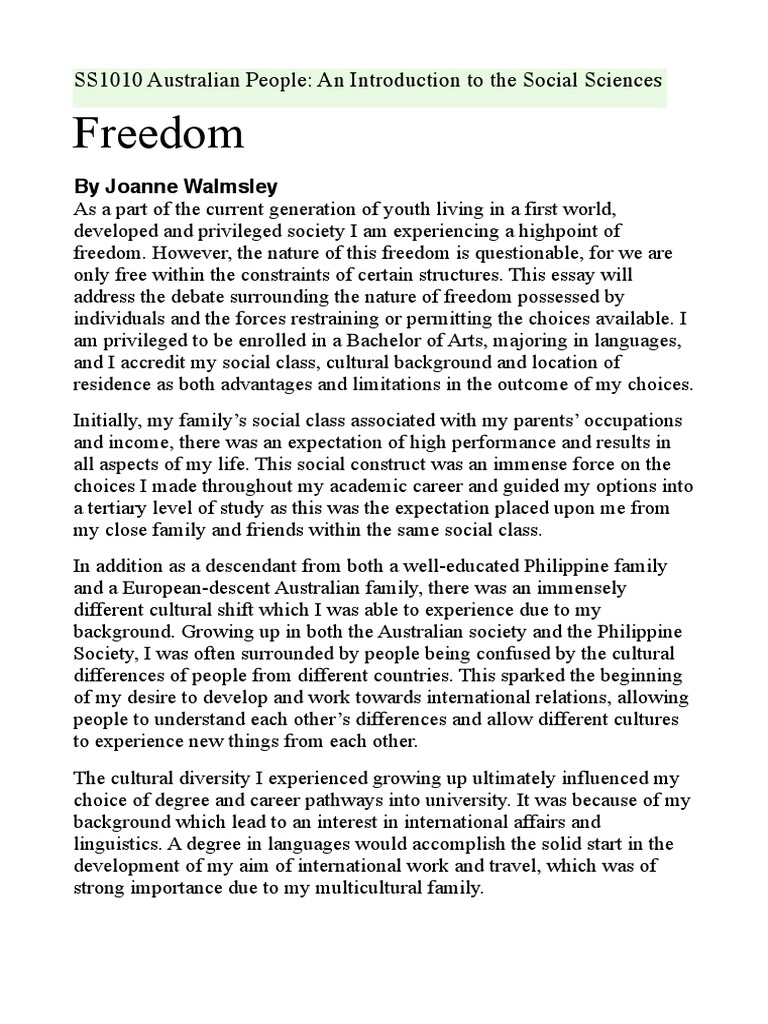 Social Sciences Reflective Essay - Freedom | PDF | Multiculturalism ...