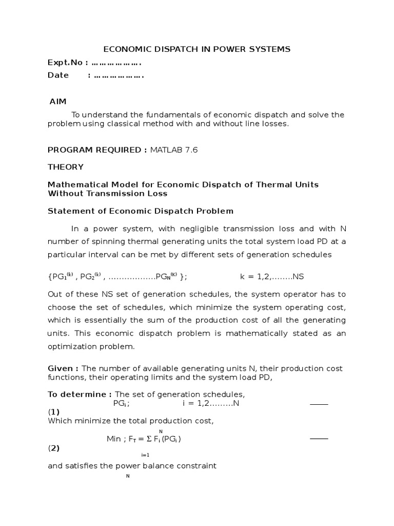 Economic Dispatch in Power Systems | Mathematical Optimization | Algorithms