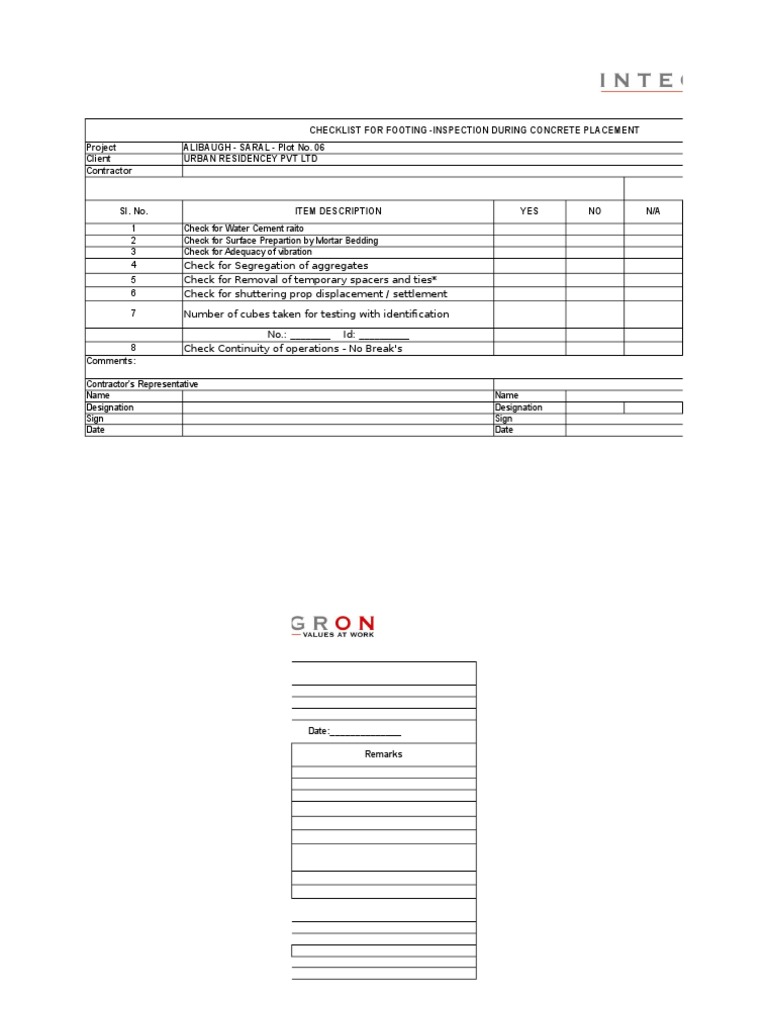 Checklist For Footing - Inspection During Concrete Placement | PDF