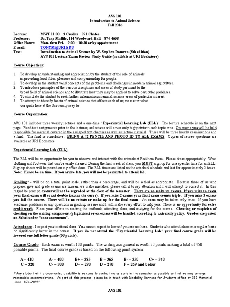AVS 101 Introduction to Animal Science | PDF | Test (Assessment) | Lecture
